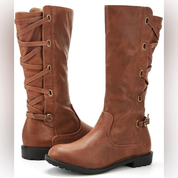 Shoes | Girls Knee High Lace Up Chunk Side Zip Motorcycle Riding Boots ...